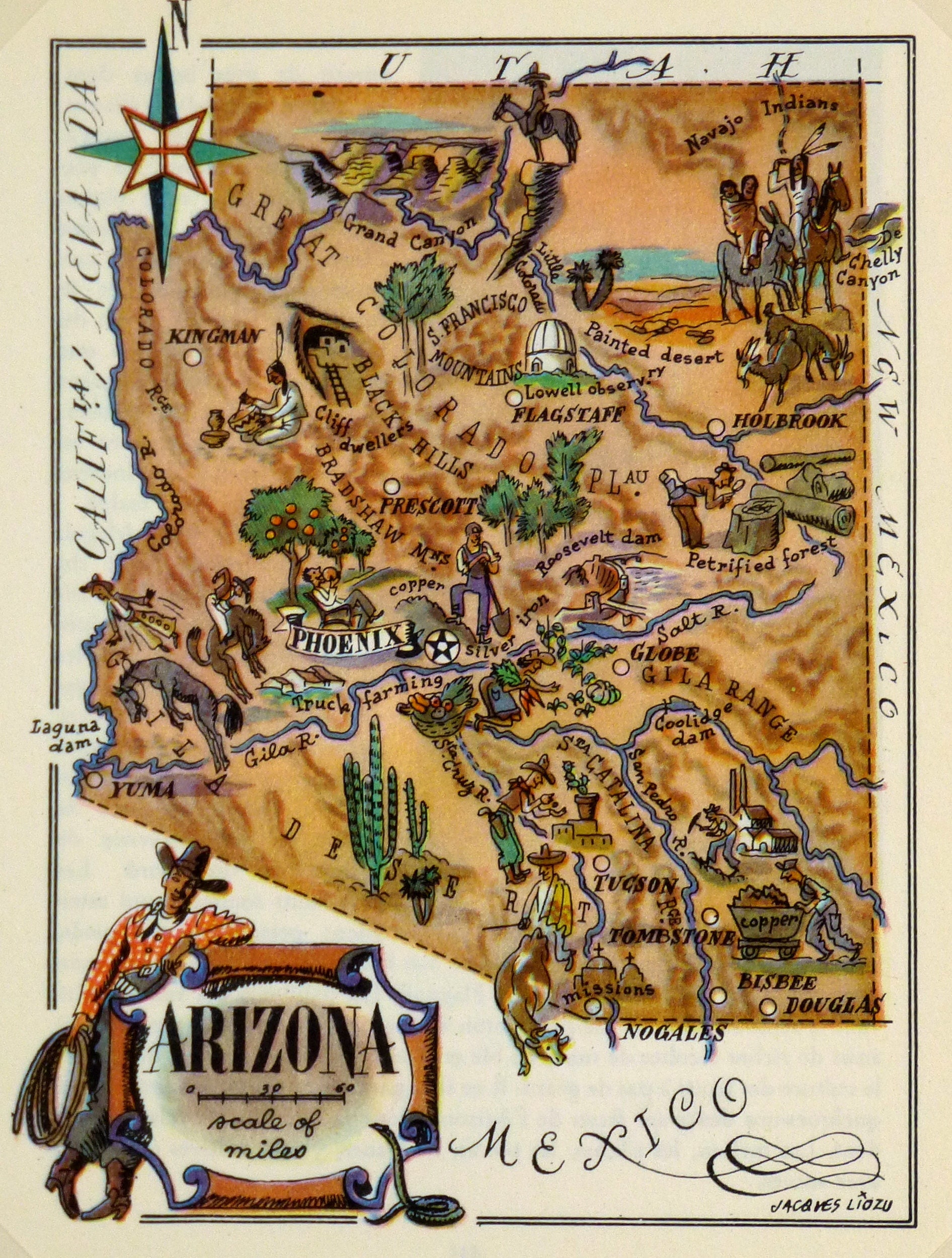 Arizona Original Vintage Pictorial Map (small/index Card Size) - Etsy