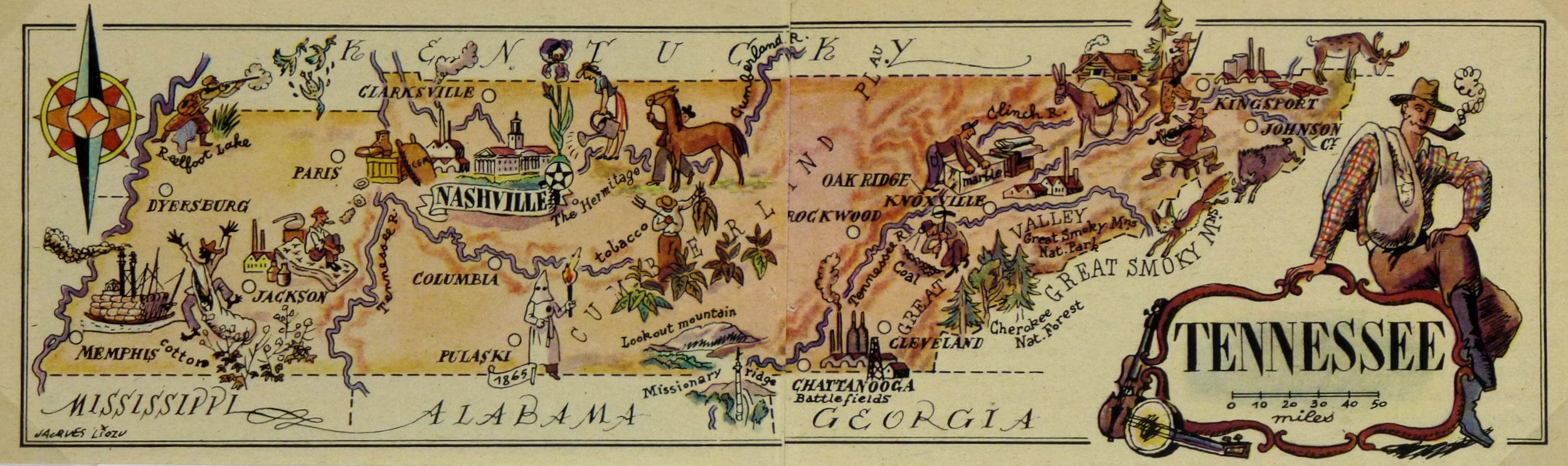 Tennessee Original Vintage Pictorial Map (small/index Card Size) - Etsy
