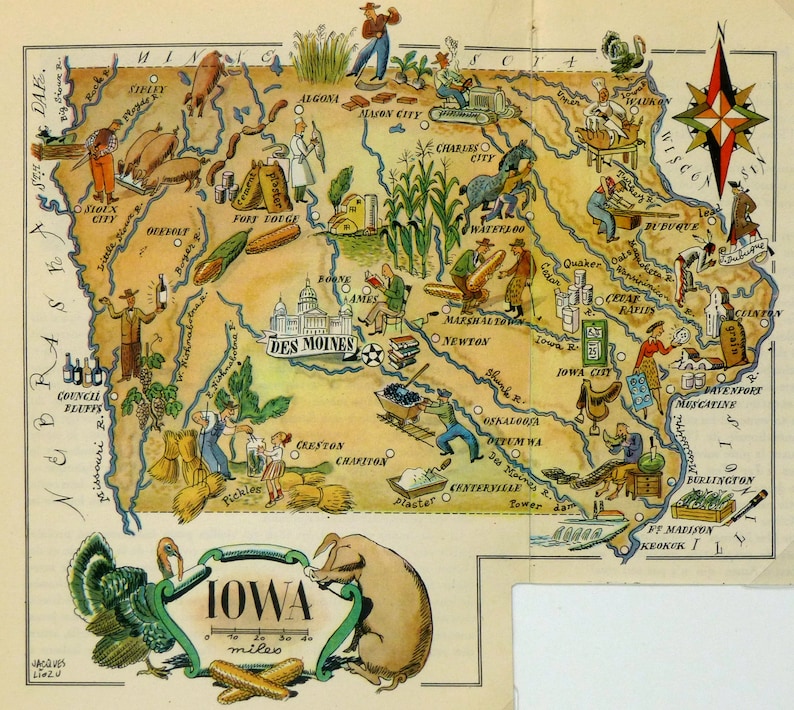 Iowa Original Vintage Pictorial Map (small/index Card Size) - Etsy