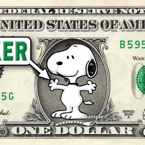 Snoopy on a REAL Dollar Bill Happy Charlie Brown Cash Money Novelty ...