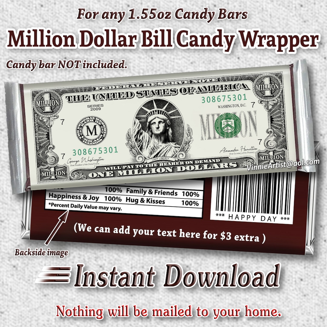 PRINTABLE Money Candy Bar Wrappers Chocolate Instant Download Cash Dollar Artwork Million Bills ...