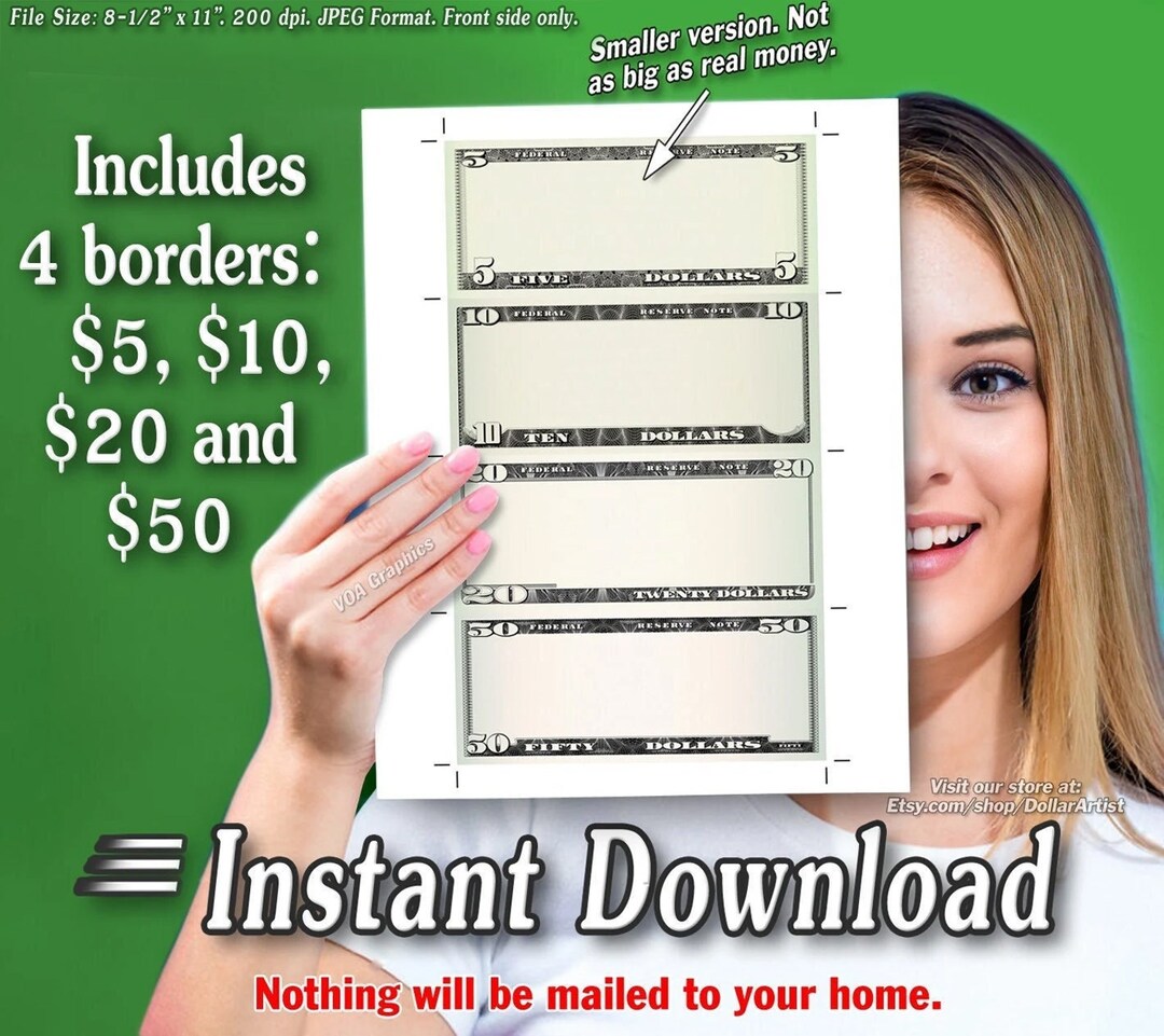 Printable SMALL Money Sheets With Cut Marks 5 10 20 50 Dollar 4-per ...