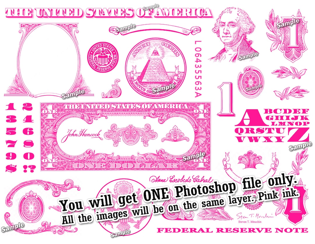 One Dollar Bill Design Images PINK COLOR Photoshop Transparent File PNG ...