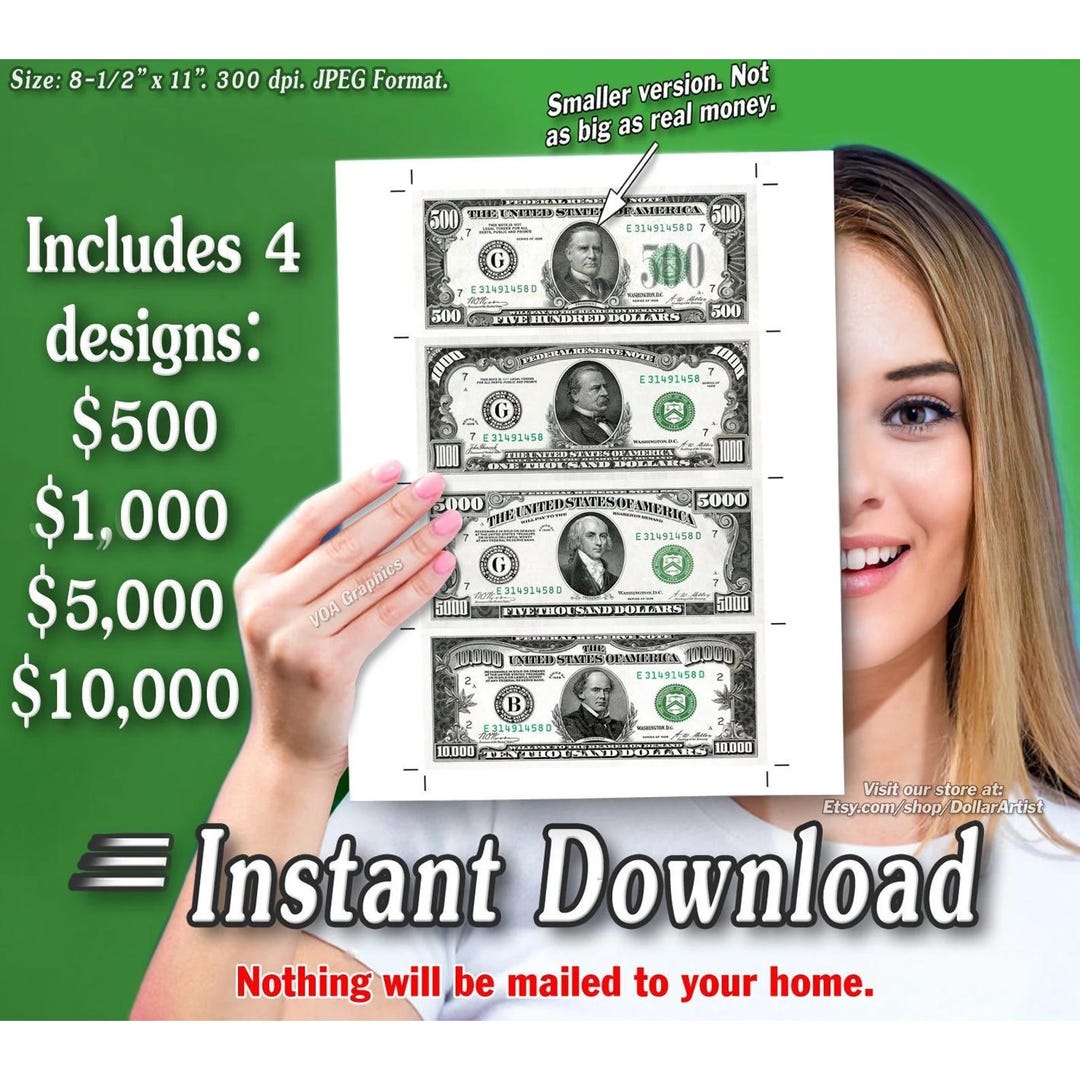 Printable SMALL Money Sheets With Cut Marks 4-per-page Cash Dollar ...