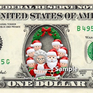 Santa Claus on a REAL Dollar Bill Mrs Elves Elf Christmas Cash Money ...