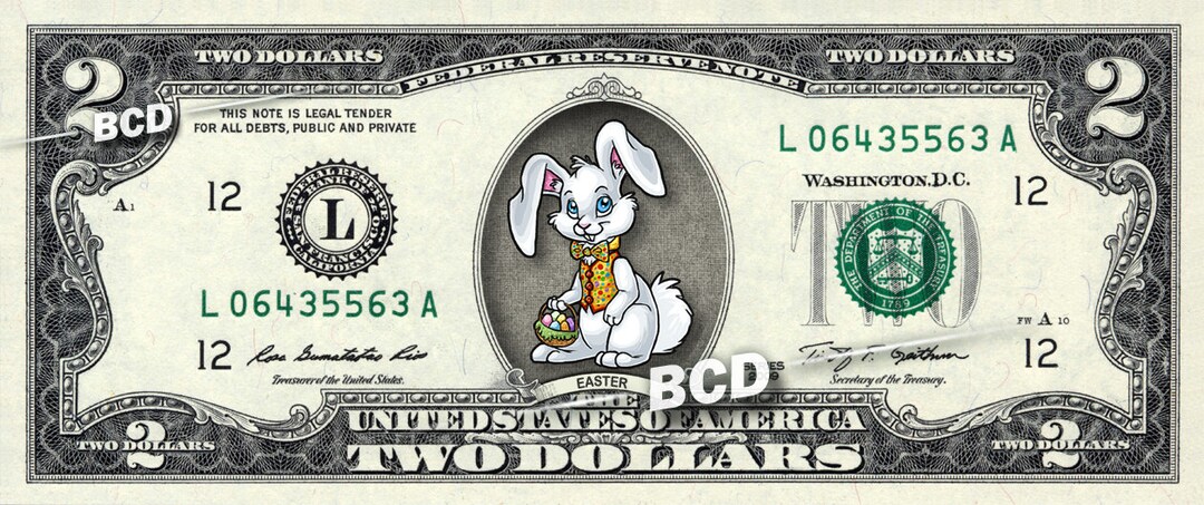 EASTER BUNNY on Real Money TWO Dollar Bill Cash Art Rabbit Cute Egg ...