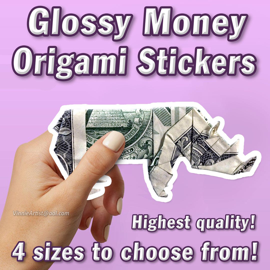 Money Origami Rhinoceros Sticker Two Dollar Bill Design Glossy Kiss Cut ...