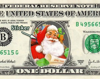 Merry Christmas SANTA and SLED Colorized Two Dollar Bill on Genuine US ...