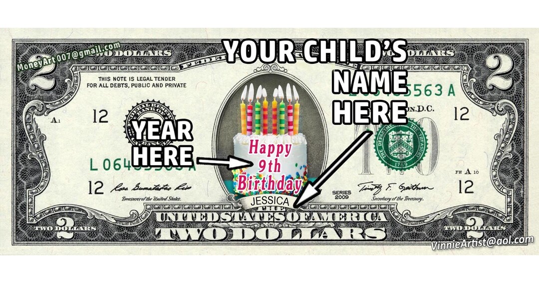 Personalized Two Dollar BIRTHDAY Bill With Your Child's Name & Year ...