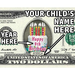Personalized Two Dollar BIRTHDAY Bill With Your Child's Name & Year ...