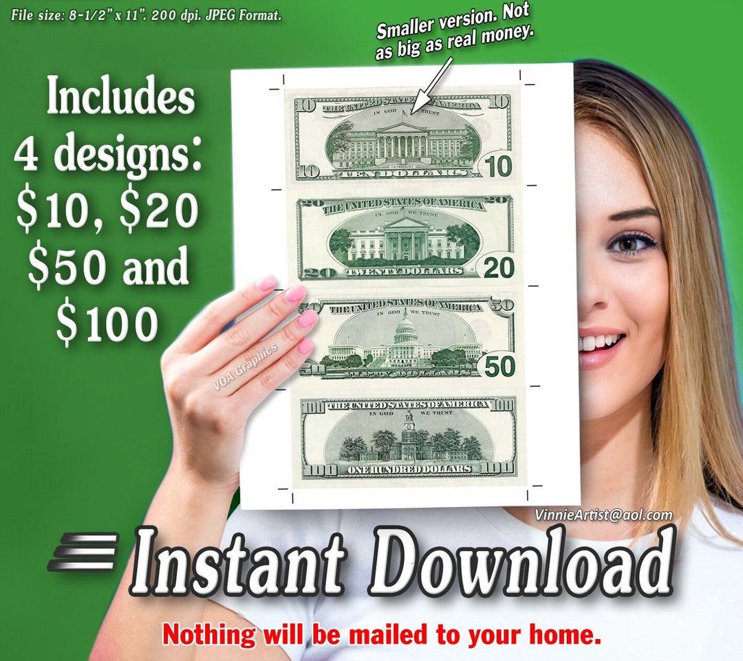 Printable SMALL Money Sheets With Cut Marks 4-per-page Cash Dollar ...