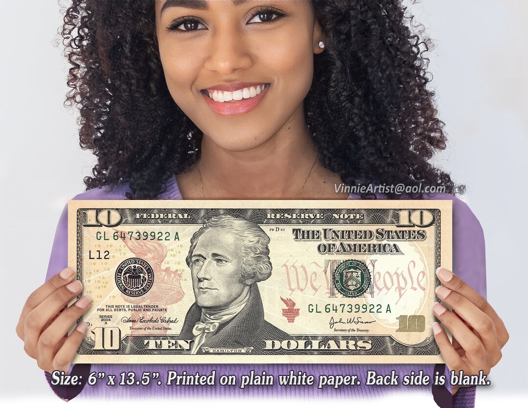 OVERSIZED PRINT-OUT of a Ten Dollar Bill 6 X 13.5 - Etsy