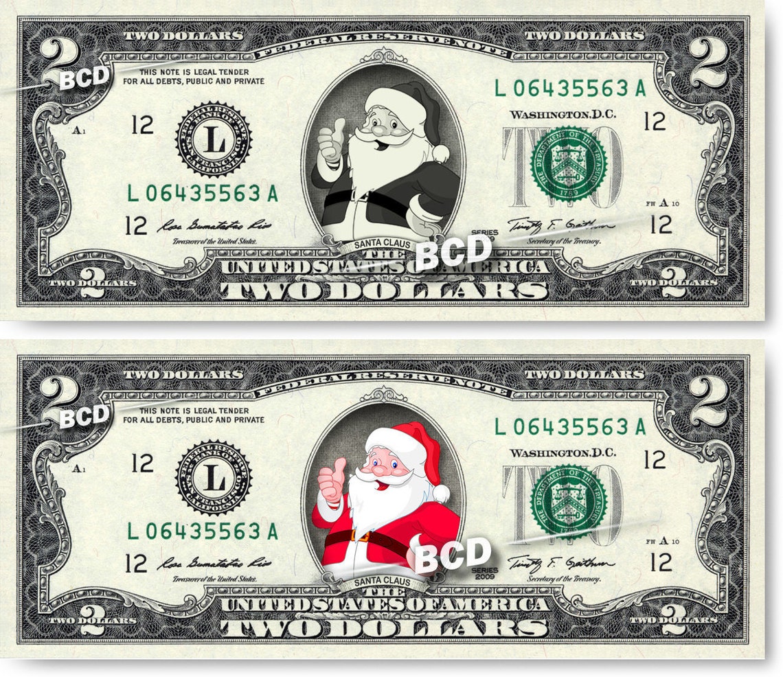 SANTA CLAUS on a Real Two Dollar Bill Custom Dollar Bill Art - Etsy