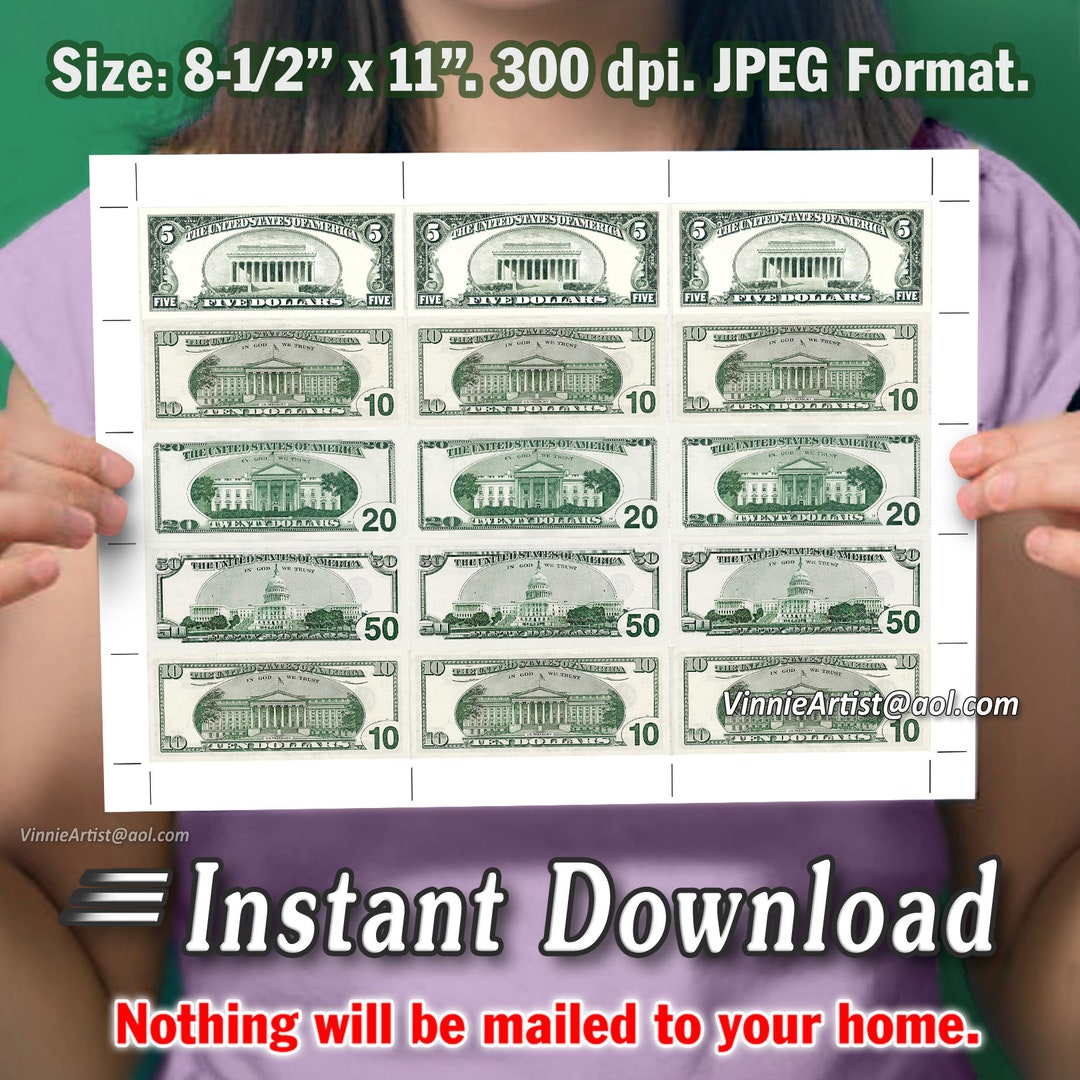 Printable SMALL Money Sheets With Cut Marks 15-per-page Dollar Cash ...