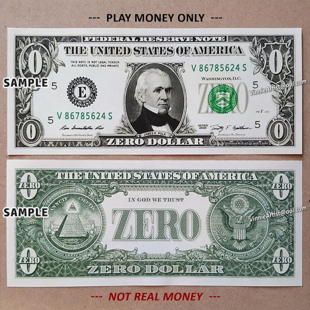 Zero Dollar Bill FAKE MONEY Novelty Currency Play Birthday Anniversary Zero Dollar 0 Dollar One ...