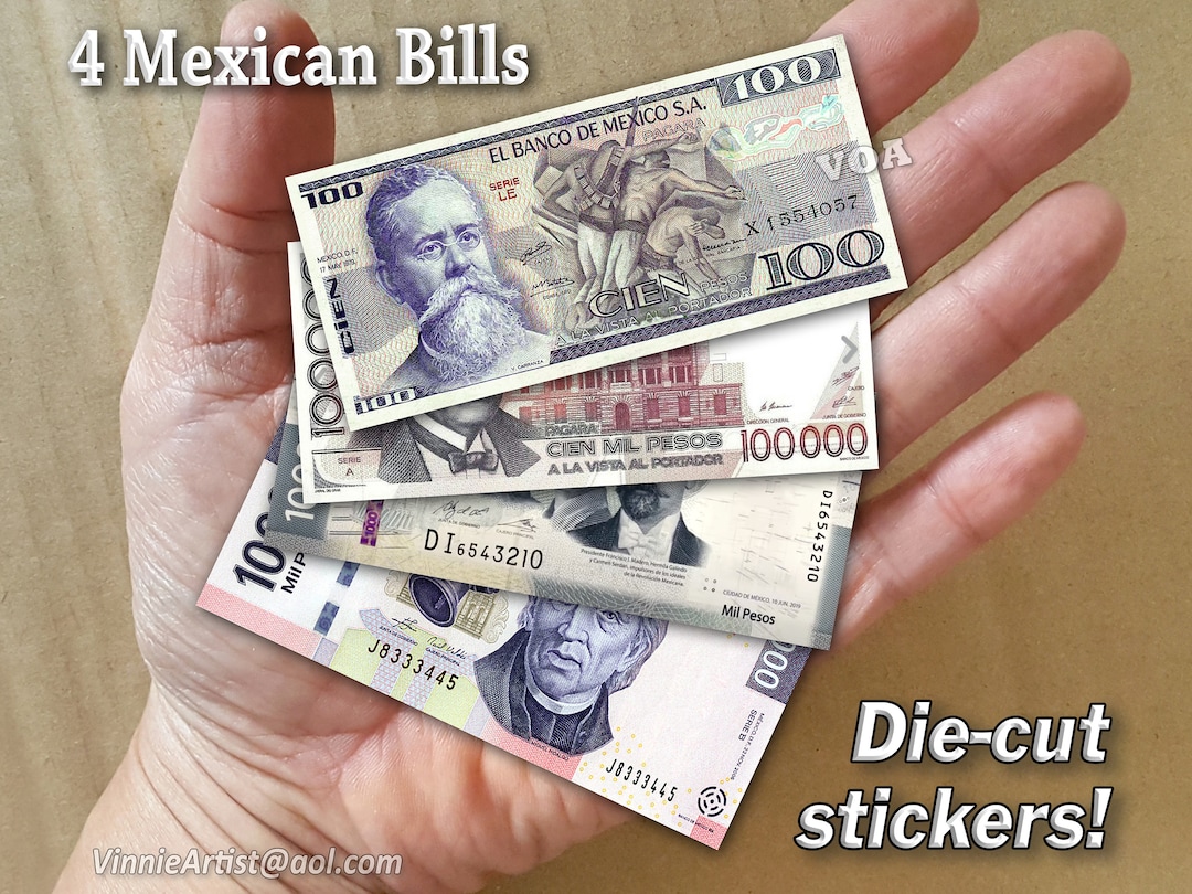4x Miniature STICKERS Mexican Money Dinero Dollar Bills Tiny Mini Small ...