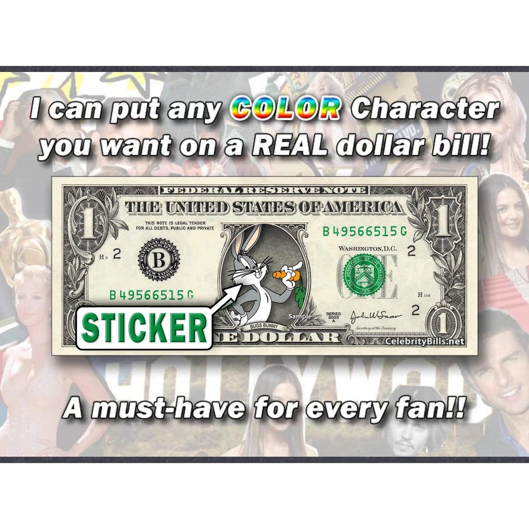 ONE(1) COLOR Cartoon Character on a Dollar Bill - Currency Cash Money ...