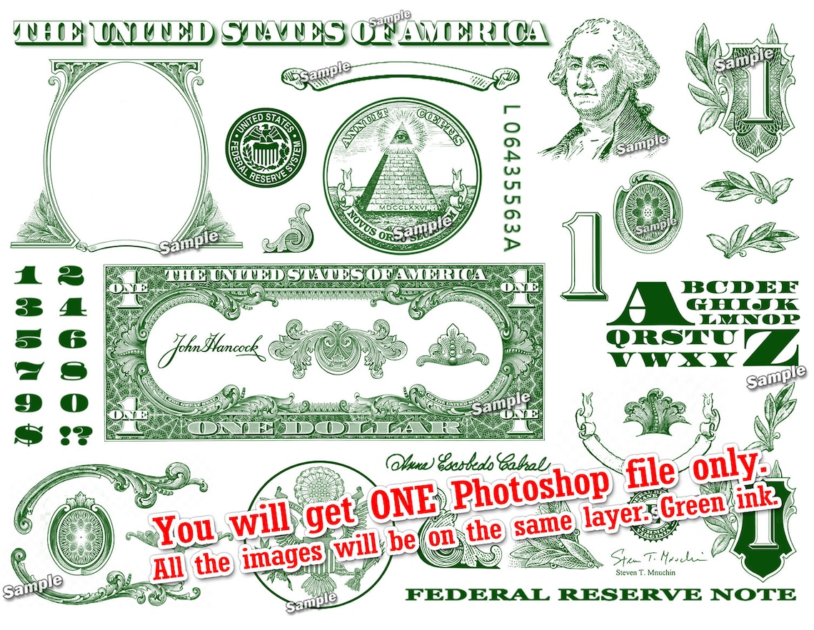 One Dollar Bill Design Images GREEN COLOR Photoshop - Etsy