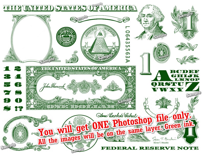 One Dollar Bill Design Images GREEN COLOR Photoshop - Etsy