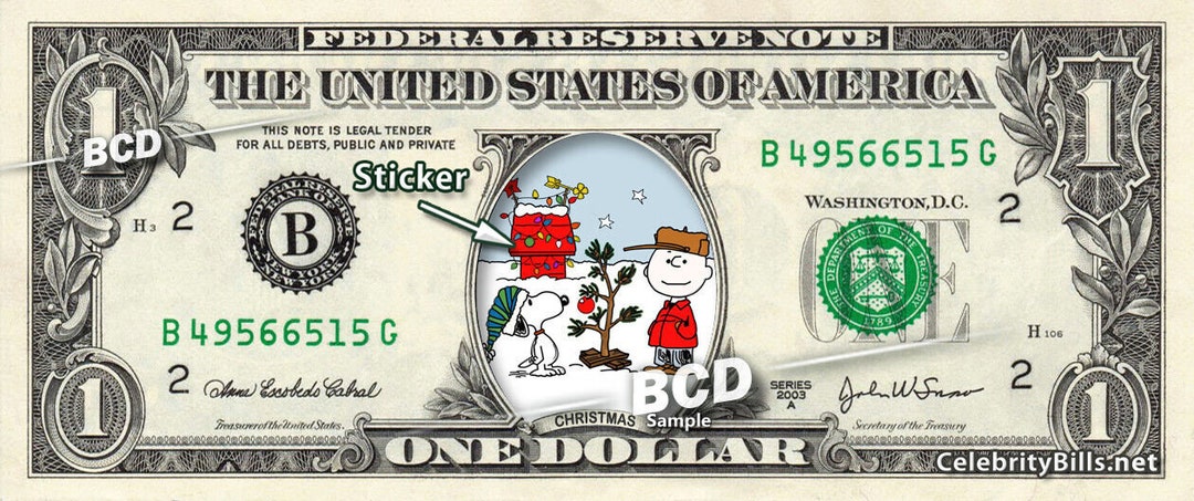 Snoopy on a REAL Dollar Bill Happy Christmas Charlie Brown Cash Money ...