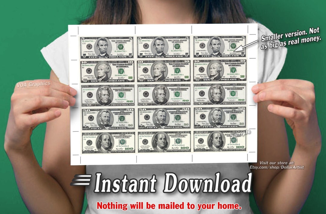 Printable SMALL Money Sheets With Cut Marks 15-per-page Dollar Cash ...