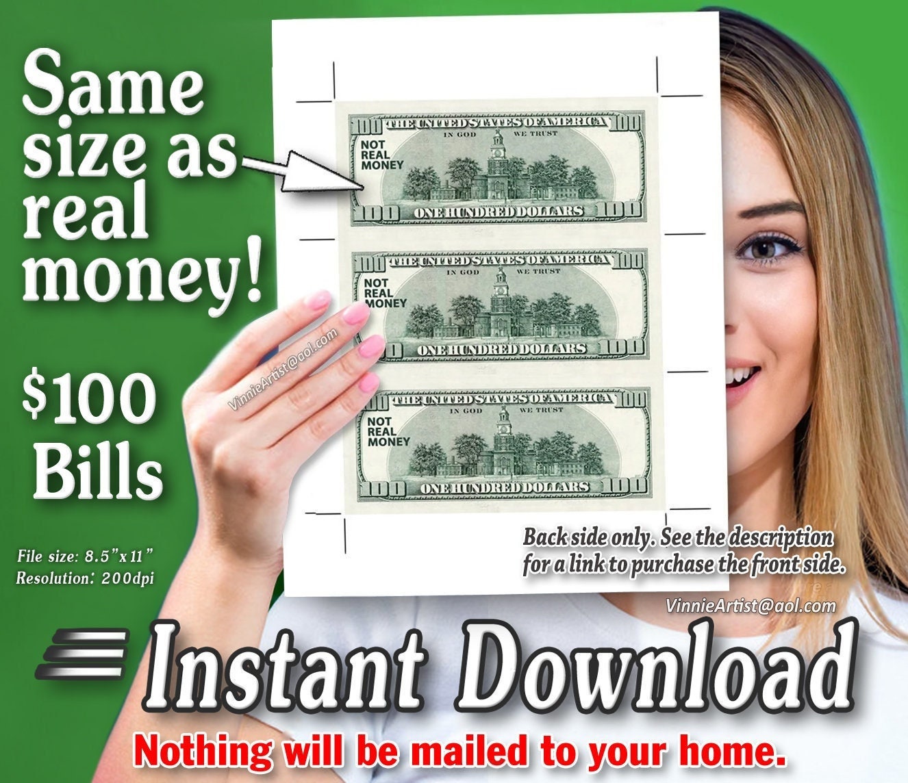 100 Dollar Bill Front And Back Actual Size
