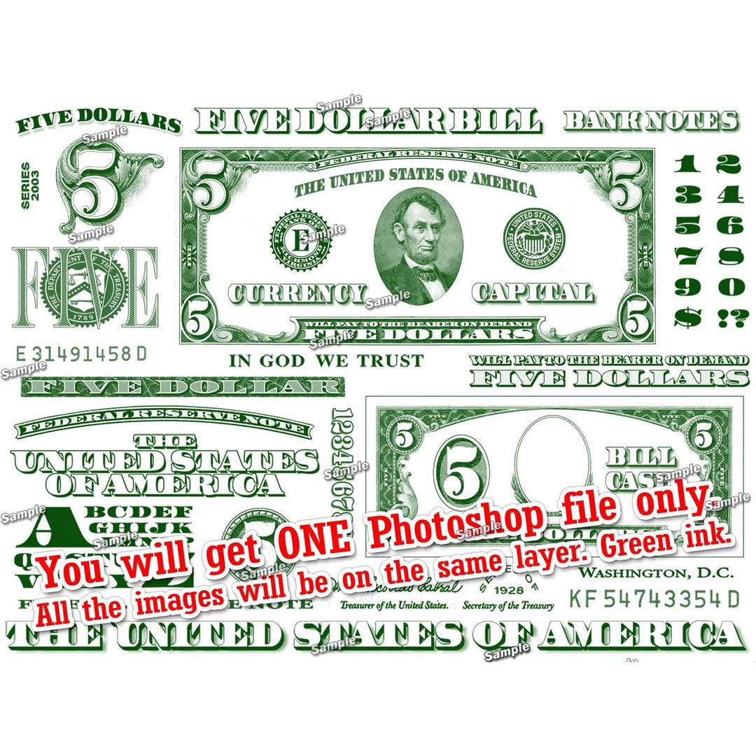 FIVE Dollar Bill Design Images Photoshop Transparent File PNG Graphics ...