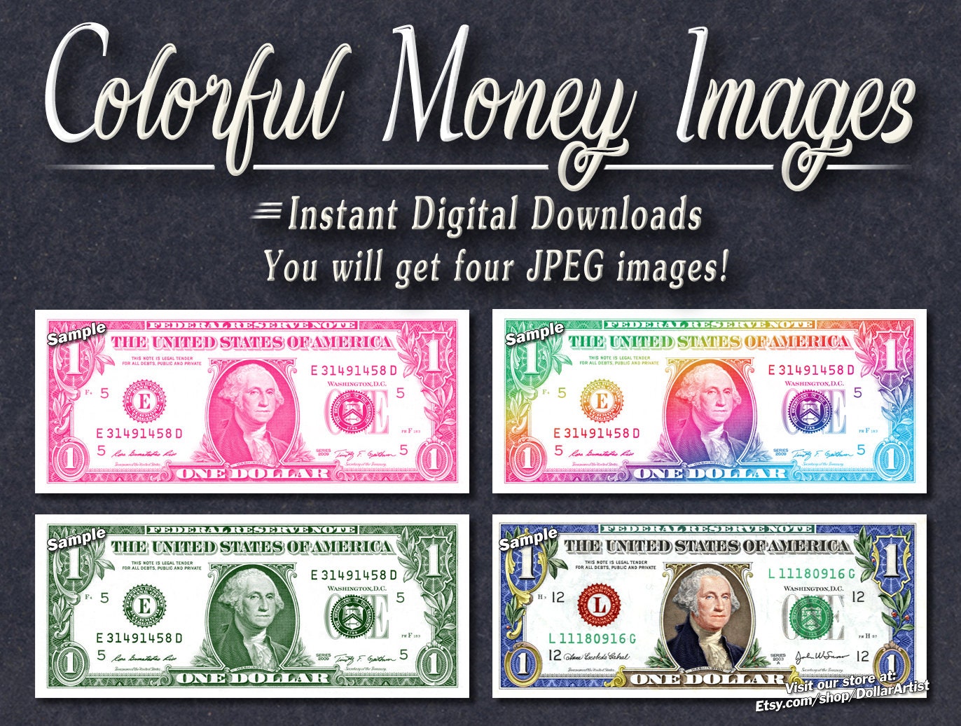 4 Colorful Money Images JPEG File Dollar Cash Design Images | Etsy