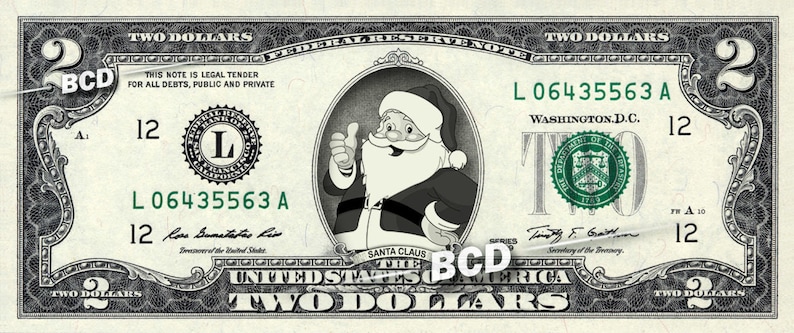 SANTA CLAUS on a Real Two Dollar Bill Custom Dollar Bill Art - Etsy