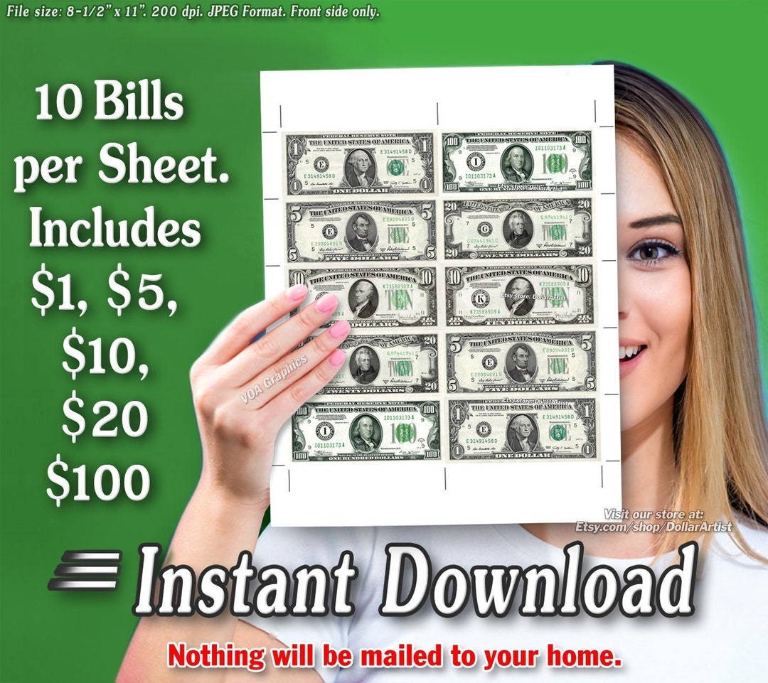 Printable SMALL Money Sheets With Cut Marks 10-per-page Cash Dollar ...