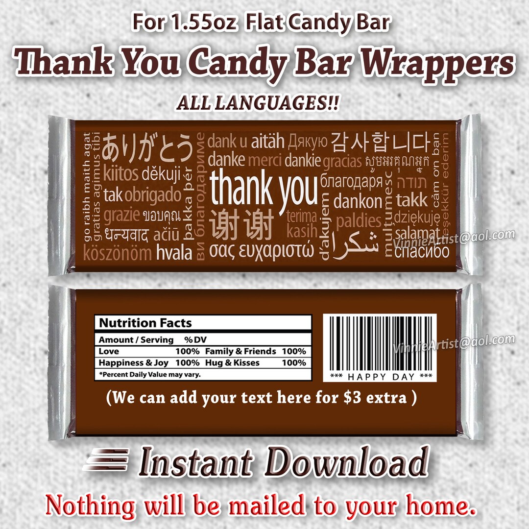 PRINTABLE Thank You Candy Bar Wrappers All Languages Chocolate Instant ...