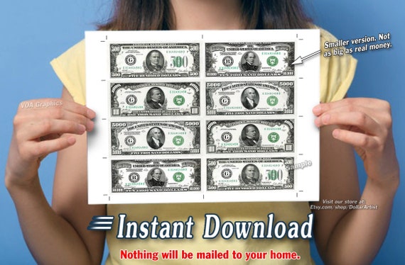 500 Dollar Bill Actual Size Printable SMALL Money Sheets With Cut