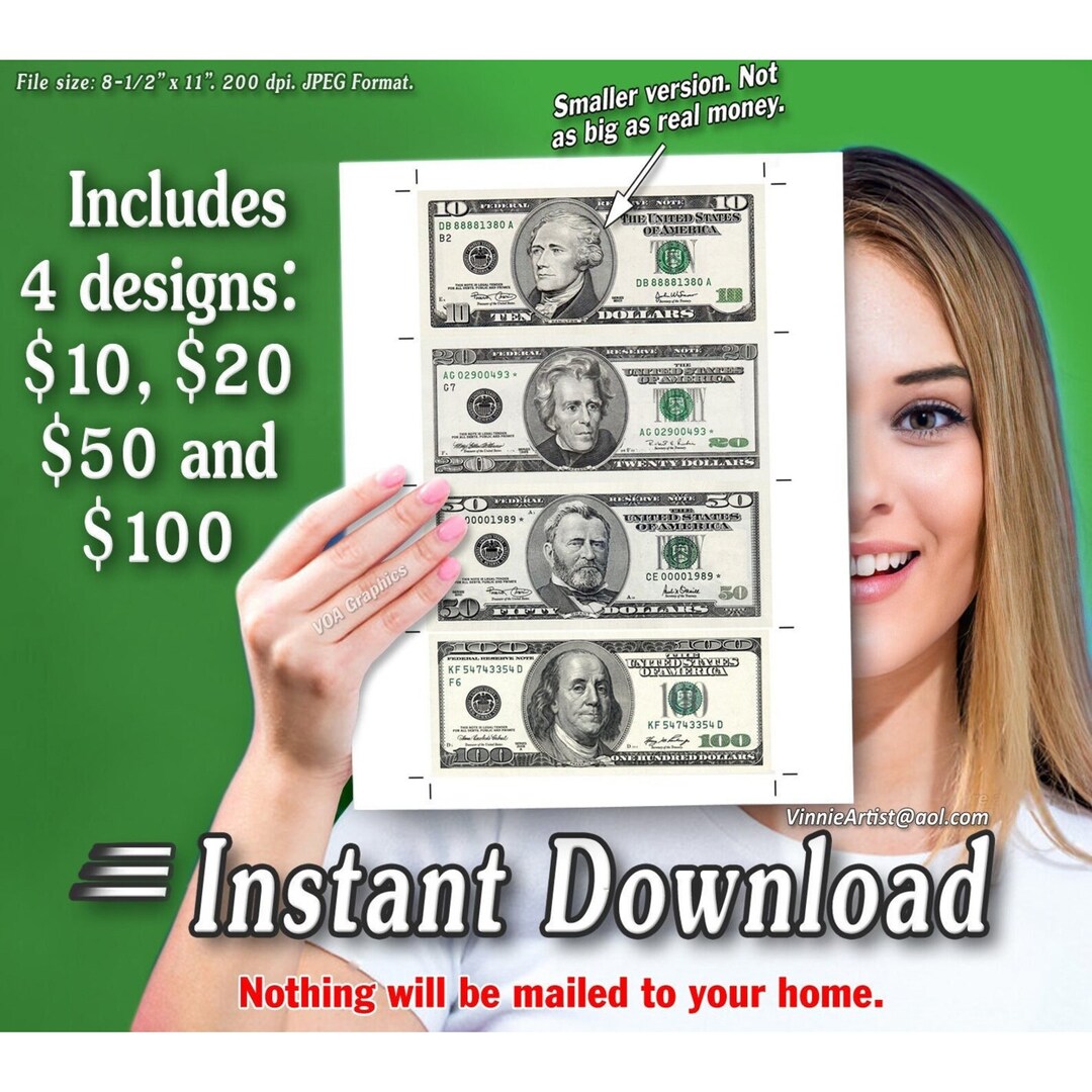 Printable SMALL Money Sheets With Cut Marks 4-per-page Cash Dollar ...