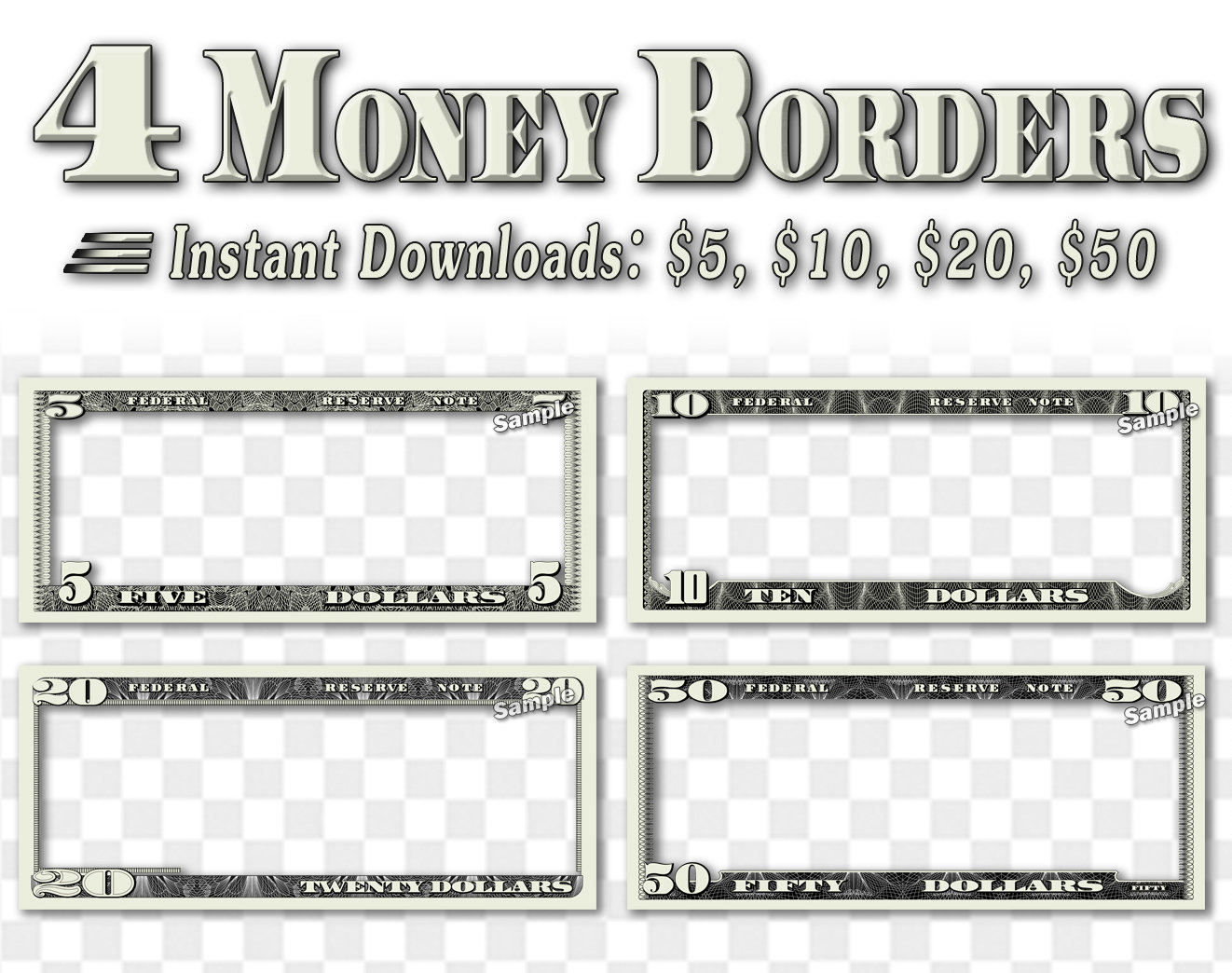 4 MONEY BORDERS PNG Digital Computer File 5 10 20 50 Dollar - Etsy