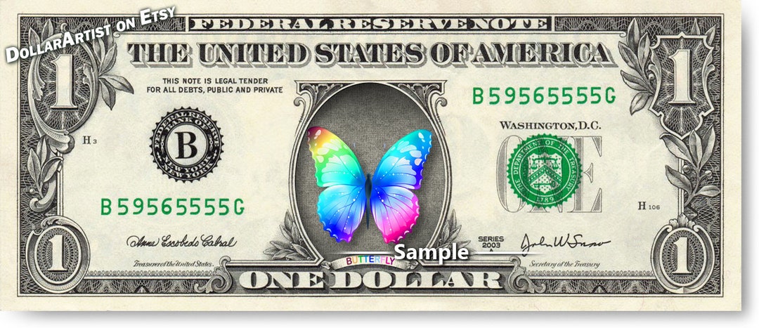 RAINBOW BUTTERFLY on a REAL Dollar Bill Cash Money Collectible Novelty ...