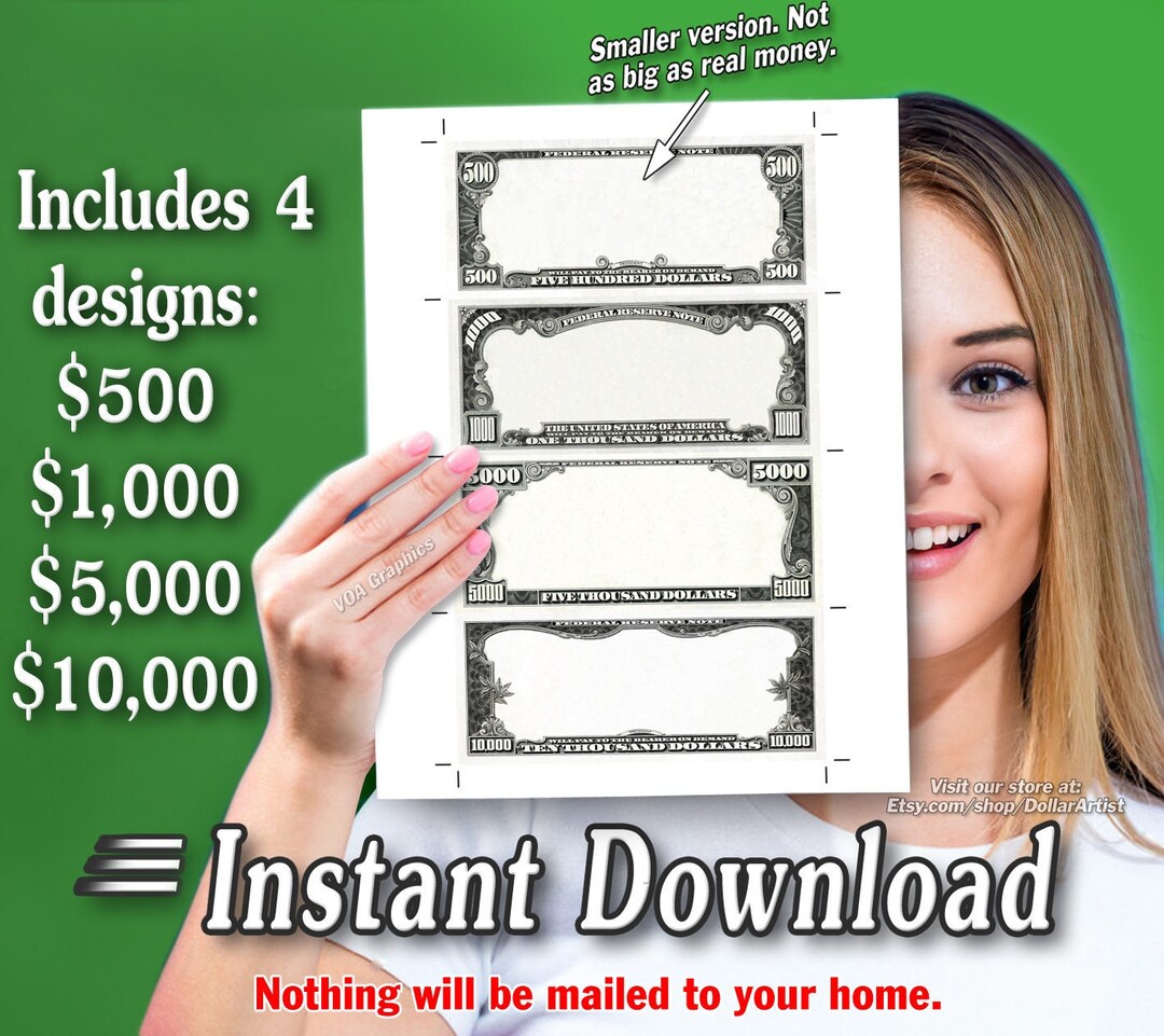 Printable SMALL Money Sheets With Cut Marks 4-per-page Cash Dollar ...
