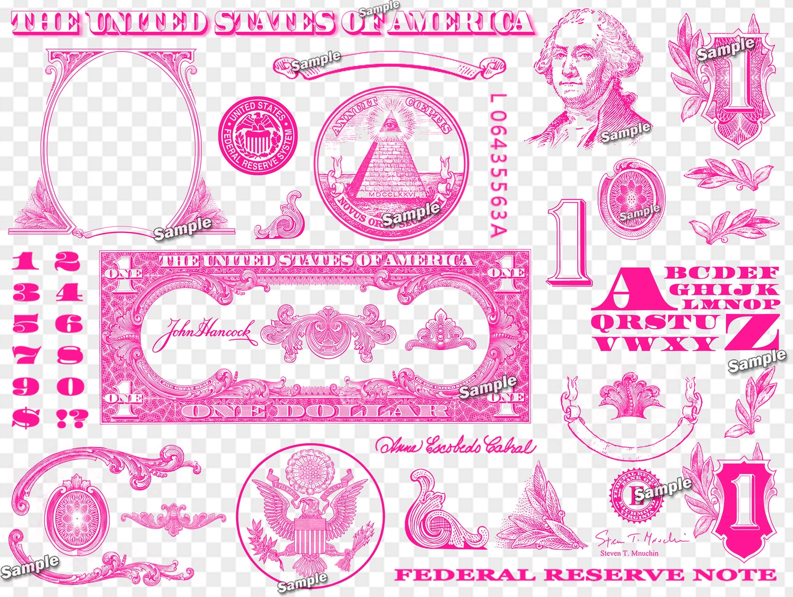 One Dollar Bill Design Images PINK COLOR Photoshop Transparent - Etsy