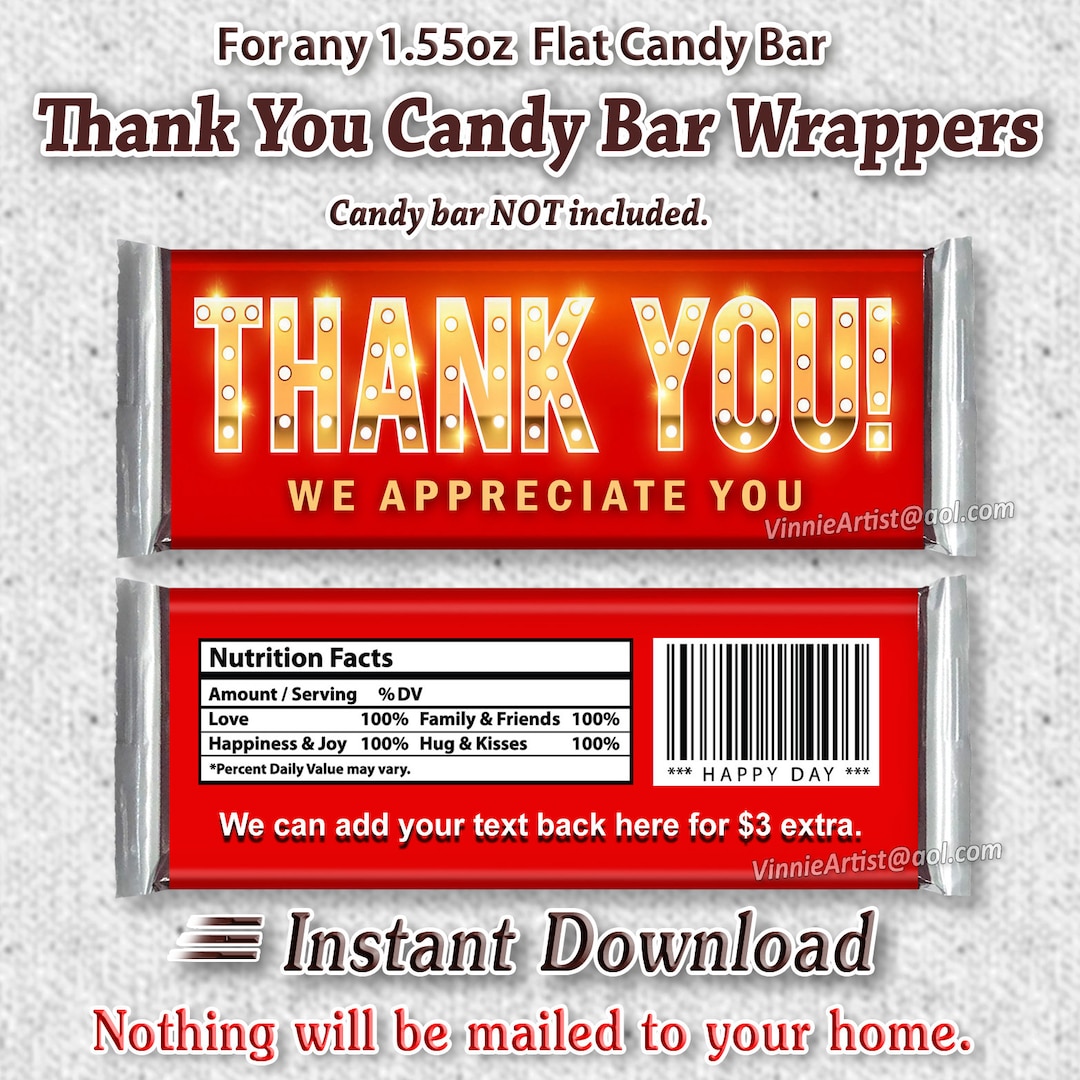 PRINTABLE Employee Appreciation Gift Thank You Candy Bar Wrappers ...