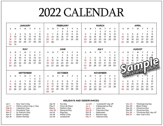 Printable 2022 Calendars With Holidays Full Page 8.5 X 11 | Etsy