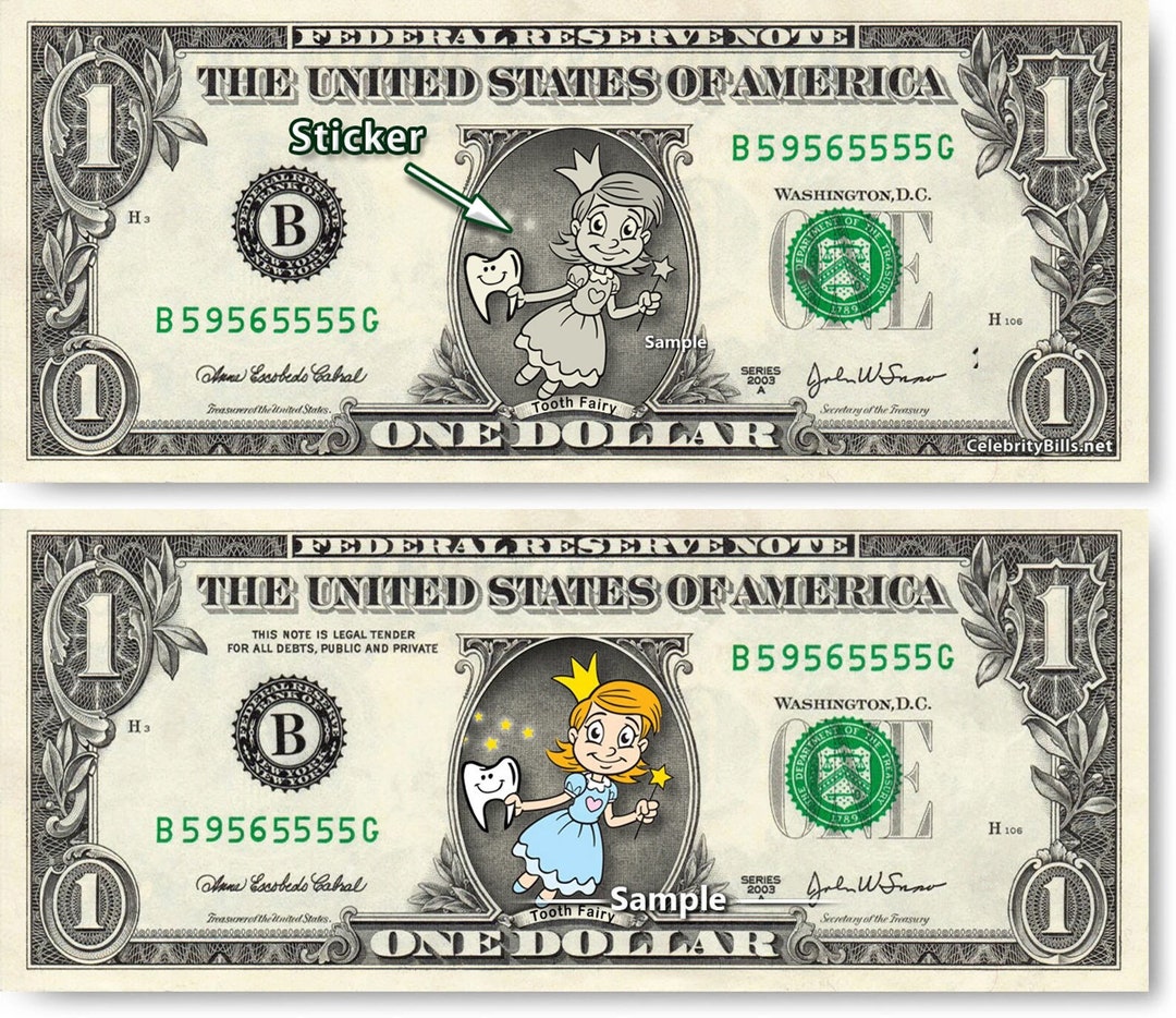 TOOTH FAIRY on a REAL Dollar Bill Put Under Child's Pillow Cash Money ...