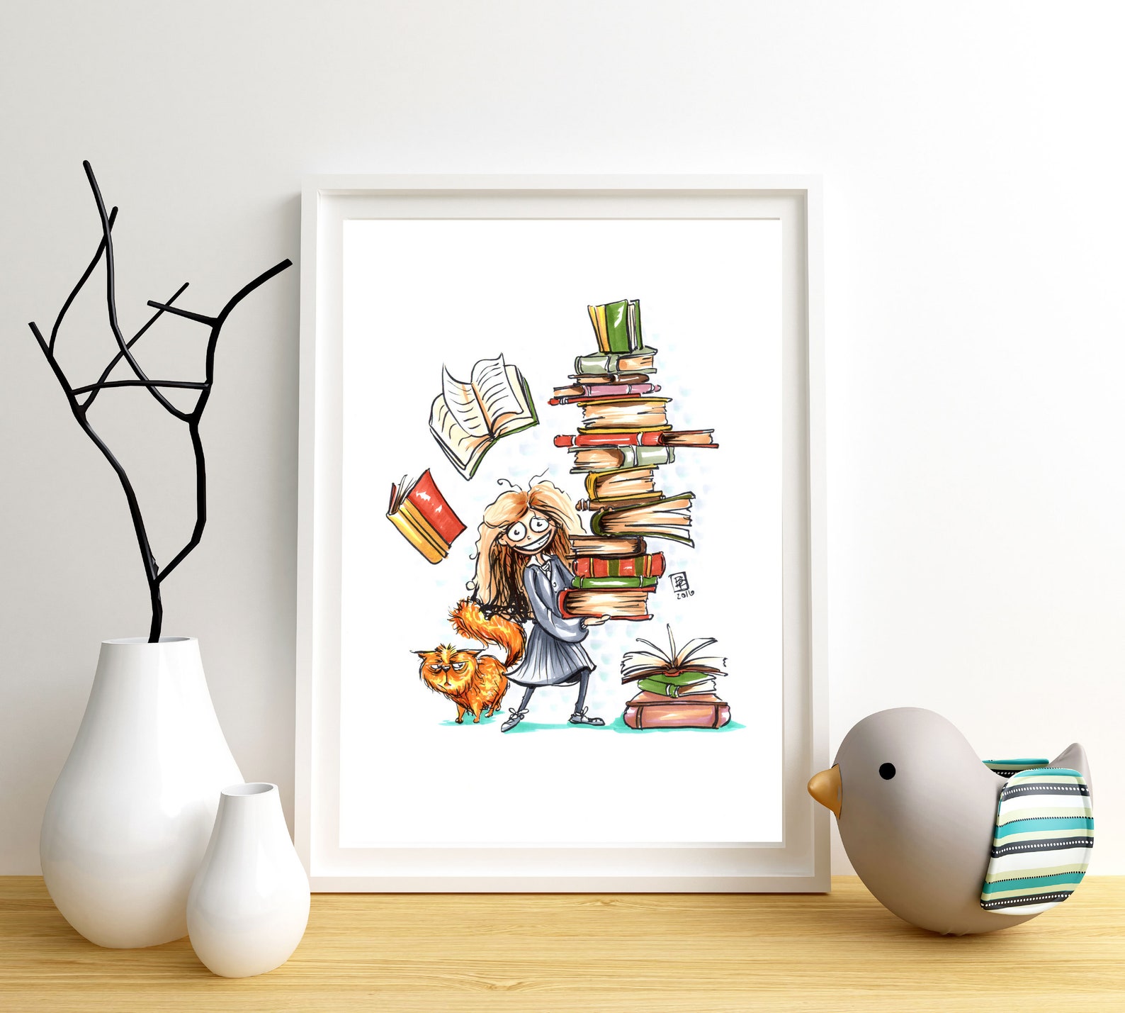 Going to the Library Art Print - Hand Drawn Art - Books / Reading ...