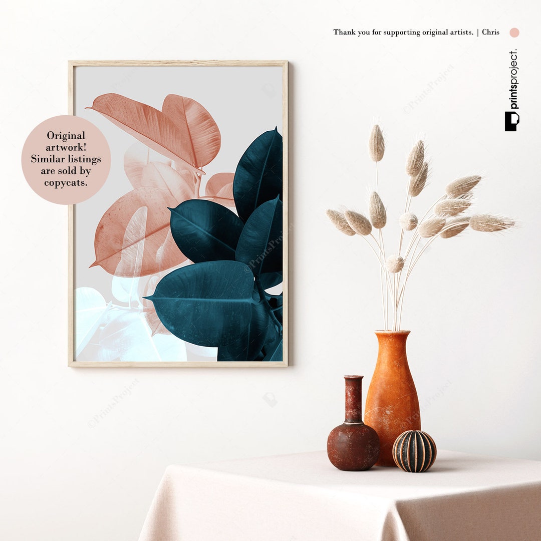 Blush Pink Leaves Above Bed Wall Art Wedding T Blue Plant Print
