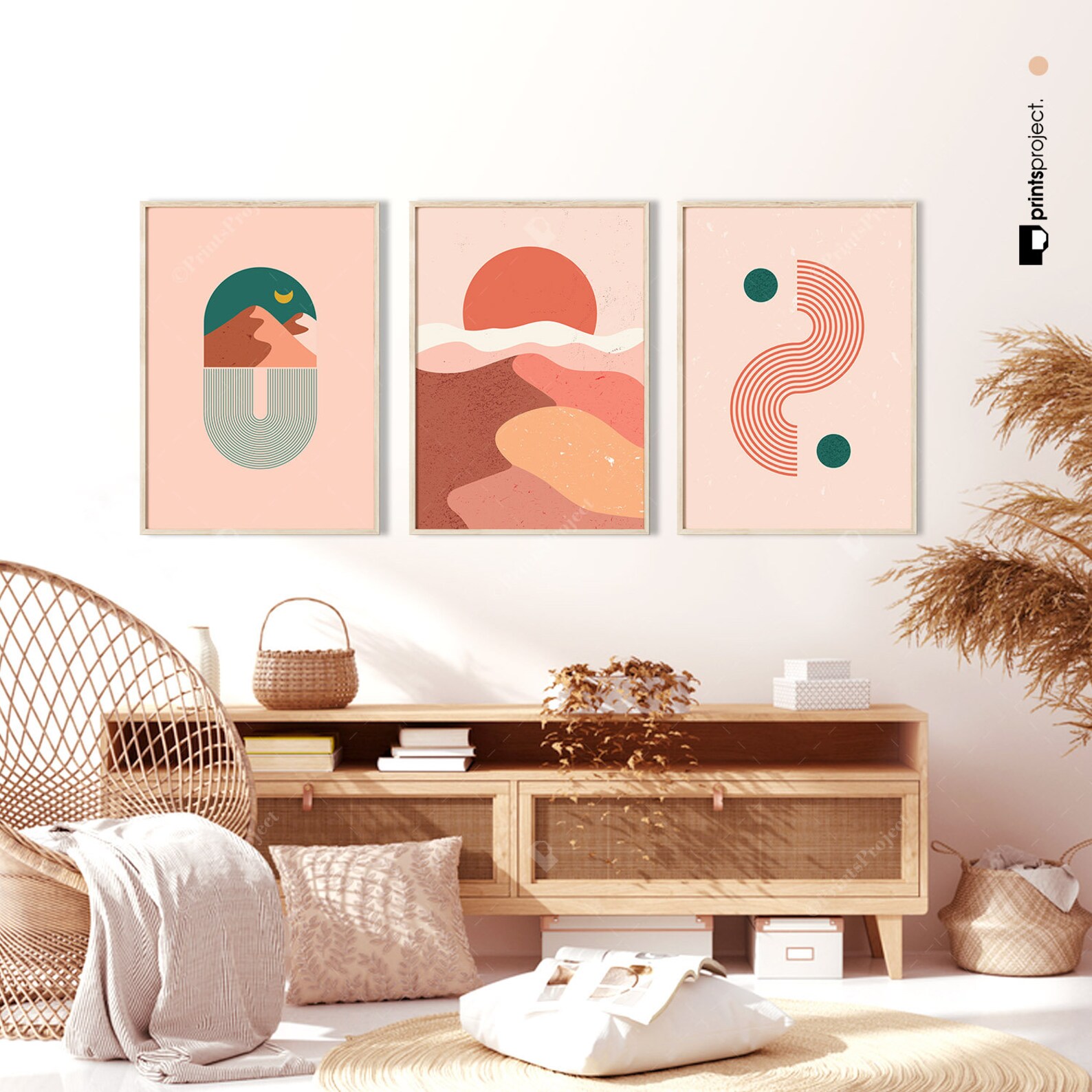 Mid Century Modern Art Print Set of 3 Pink Orange Print Sun - Etsy