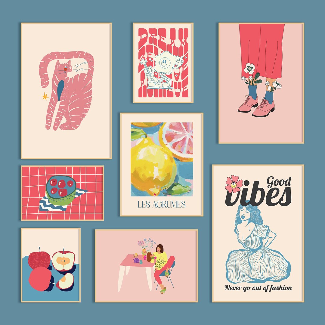 Red and Blue Retro Gallery Wall Set of 8 Prints, Maximalist Decor ...