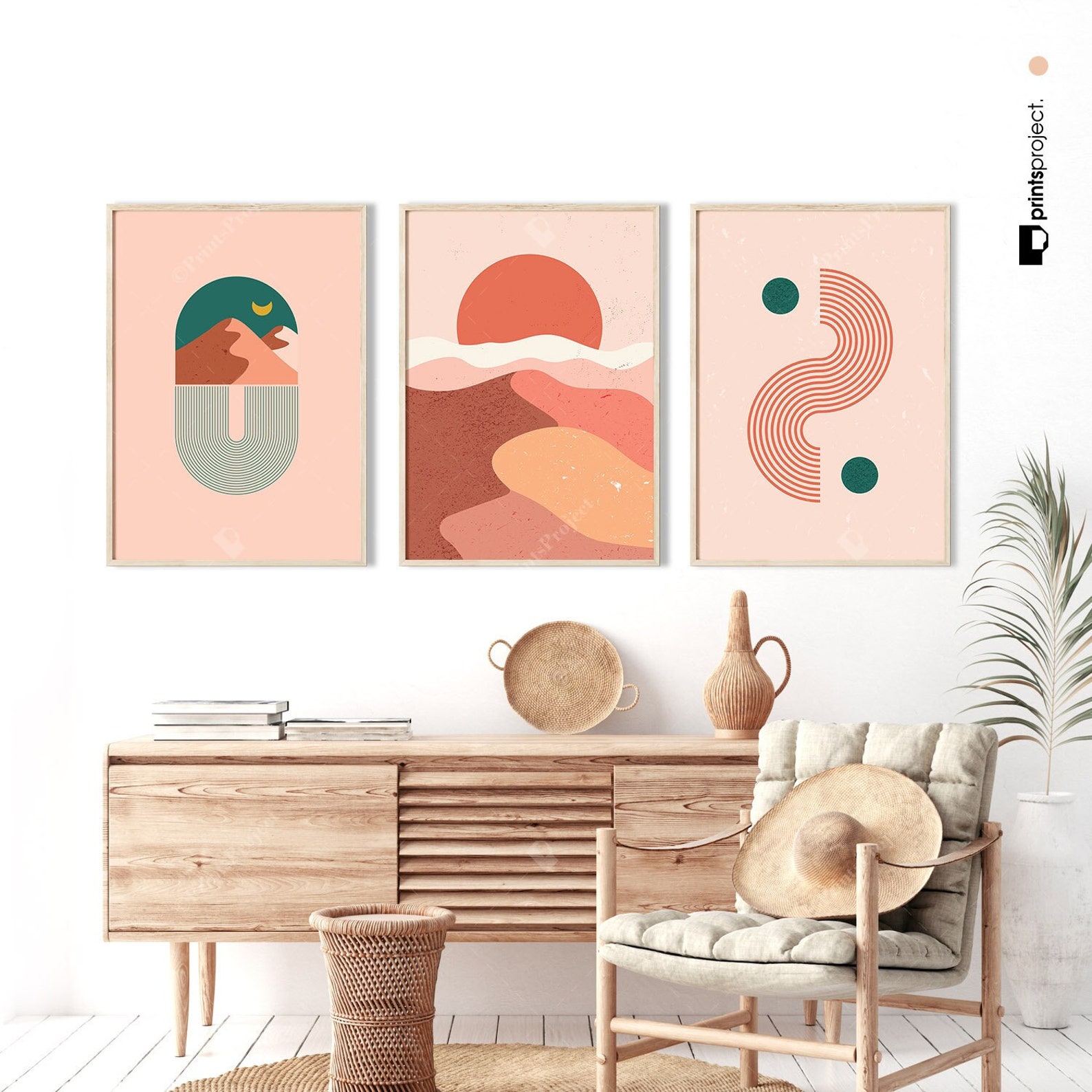 Mid Century Modern Art Print Set of 3 Pink Orange Print Sun - Etsy