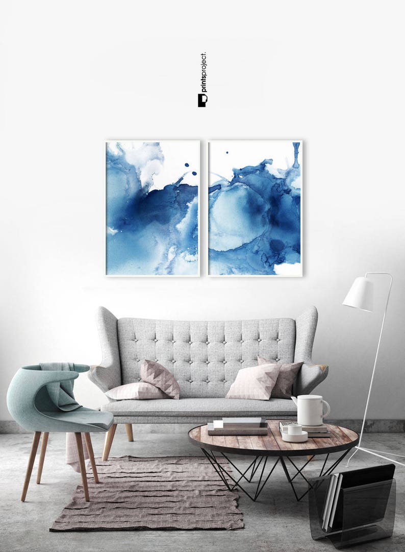 Set of 2 Abstract Prints Modern Blue Poster Indigo - Etsy