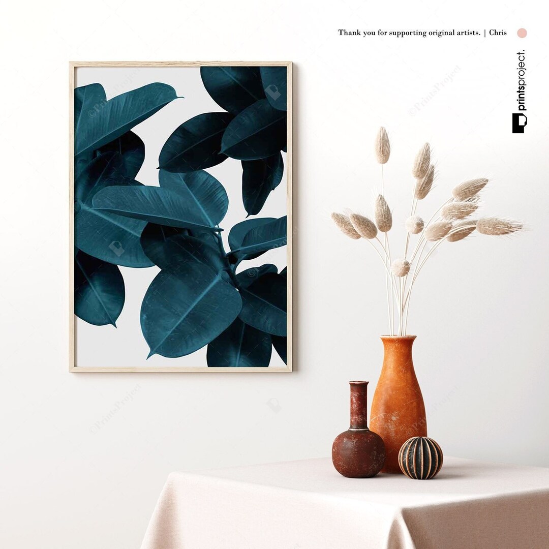 Blue Leaves Wall Art, Tropical Leaf Print, Above Couch Wall Decor ...