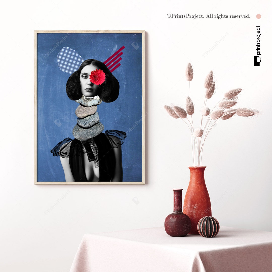 Surrealist, Surreal Art Print, Collage Art, Blue Modern Poster, Digital ...
