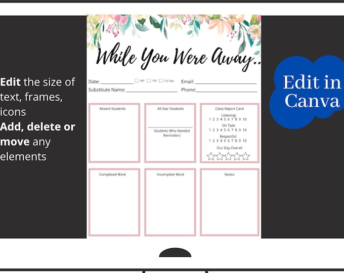 Substitute Note, Classroom Notes, Personalized Teacher Note, Editable ...