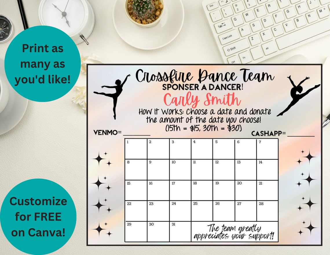 Calendar Fundraiser, Editable Dance Team, Pick a Date to Donate ...